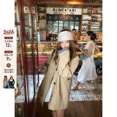 你的鱼 格韵风衣 韩系微胖mm格纹撞色实穿中长款A字显瘦挺阔风衣