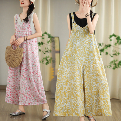 大码胖mm洋气印花吊带背带裤裙女夏季薄款休闲阔腿裤百搭连体裙裤