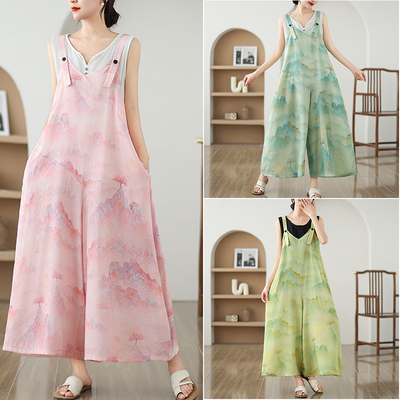 高级感印花宽松背带裤女夏季大码胖mm吊带裙裤宽松设计感连体裙裤