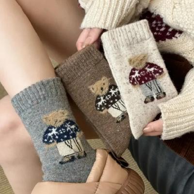 小熊中筒袜羊毛厚保暖堆堆袜