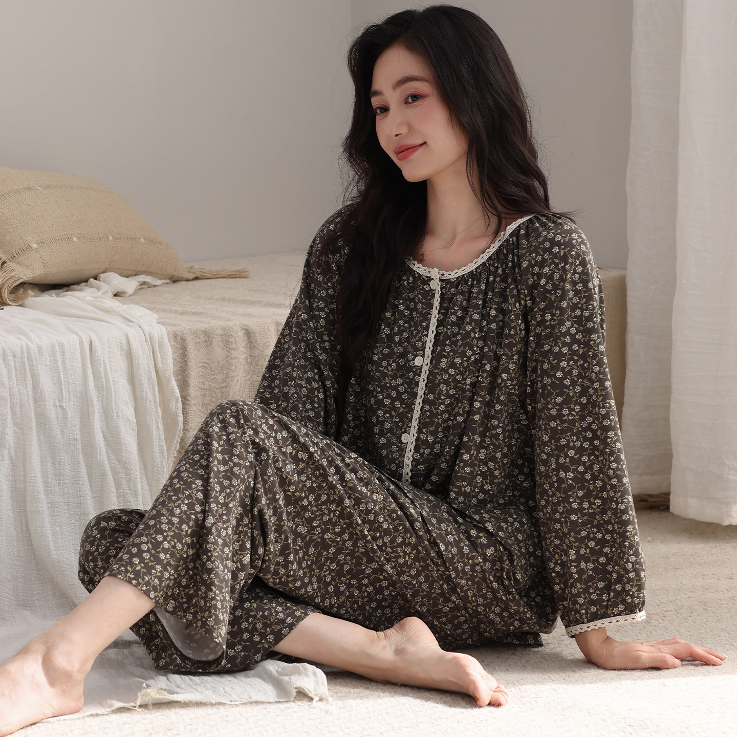 睡衣女春秋季100%纯棉长袖中年妈妈大码端庄大码家居服全棉可外穿