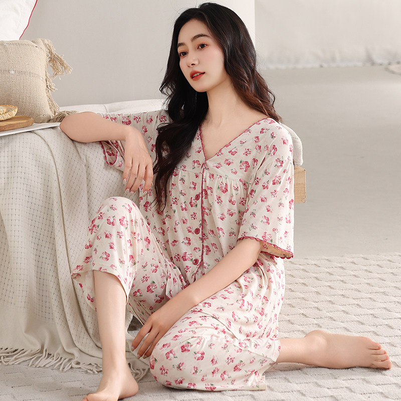 睡衣女夏薄款莫代尔短袖七分裤夏天高级感碎花凉感冰丝妈妈家居服