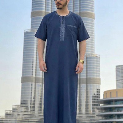 迪拜男士刺绣圆领穆斯林长袍