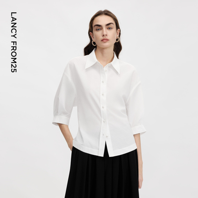 朗姿简练小落肩廓形翻领白衬衫气质高智通勤上衣2026年夏季新款女
