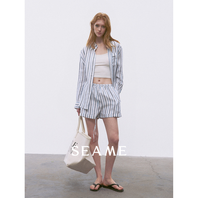Seame汐觅 4/15【新品95折】清晨到日暮 亚麻条纹衬衫短裤套装女