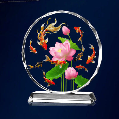 九鱼聚财图水晶摆件高档装饰品开业送礼桌面摆台招财九鱼运转荷花