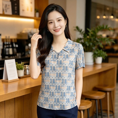 丹同款 琳丹乐2026春夏新品优雅百搭蓝花网纱上衣68065