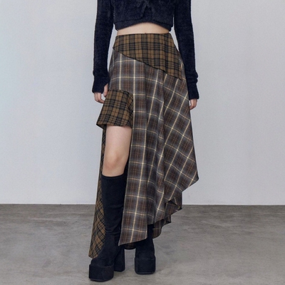 EMODA不对称格纹图案半身裙