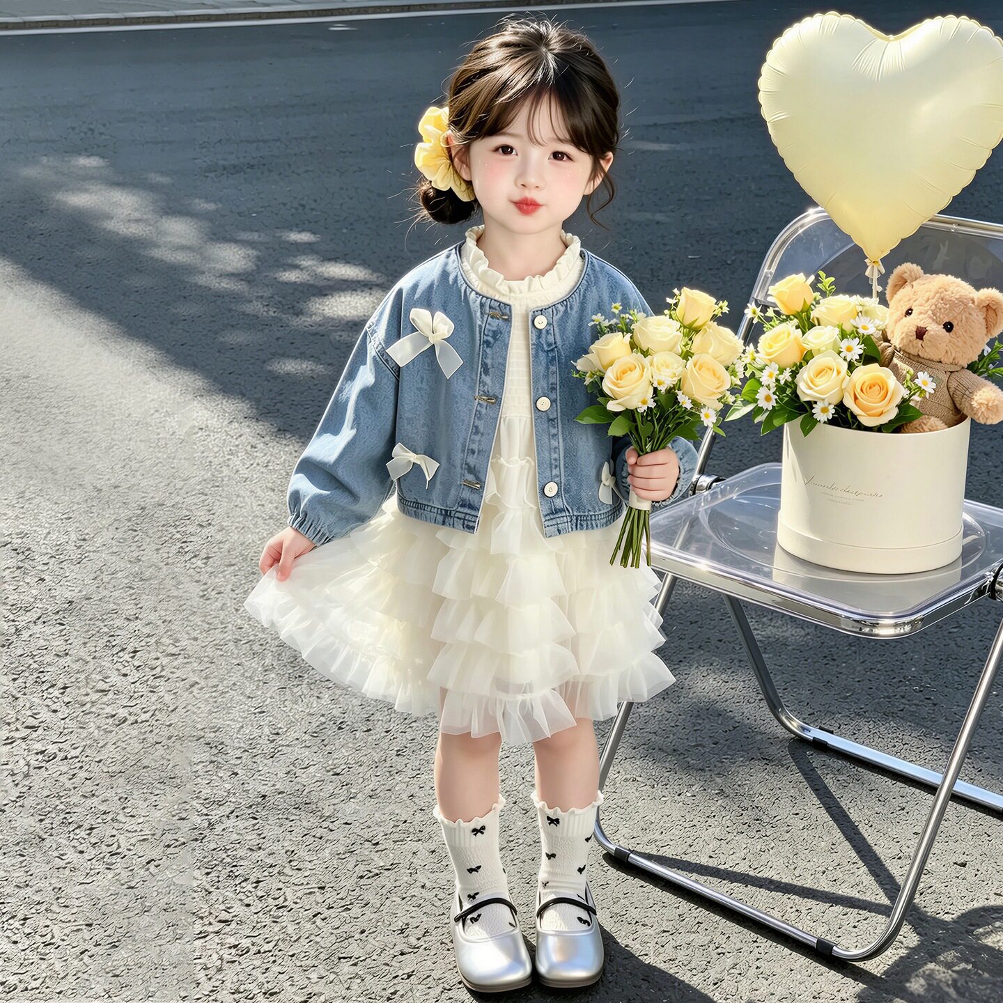 女童秋装连衣裙套装2026新款儿童牛仔外套春装洋气女宝宝公主裙子