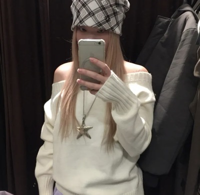 Shawne 26s冬新韩国正品代购 Y2K条纹拼接性感露肩温暖甜美针织衫