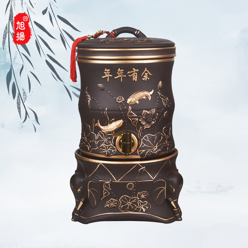 包邮 旭扬紫砂水缸净水缸过滤器茶水缸 11升双用型水缸 立体浮雕