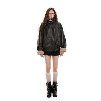 SDDANEROG 羊羔毛立领加厚保暖皮衣外套美式复古休闲棉衣女