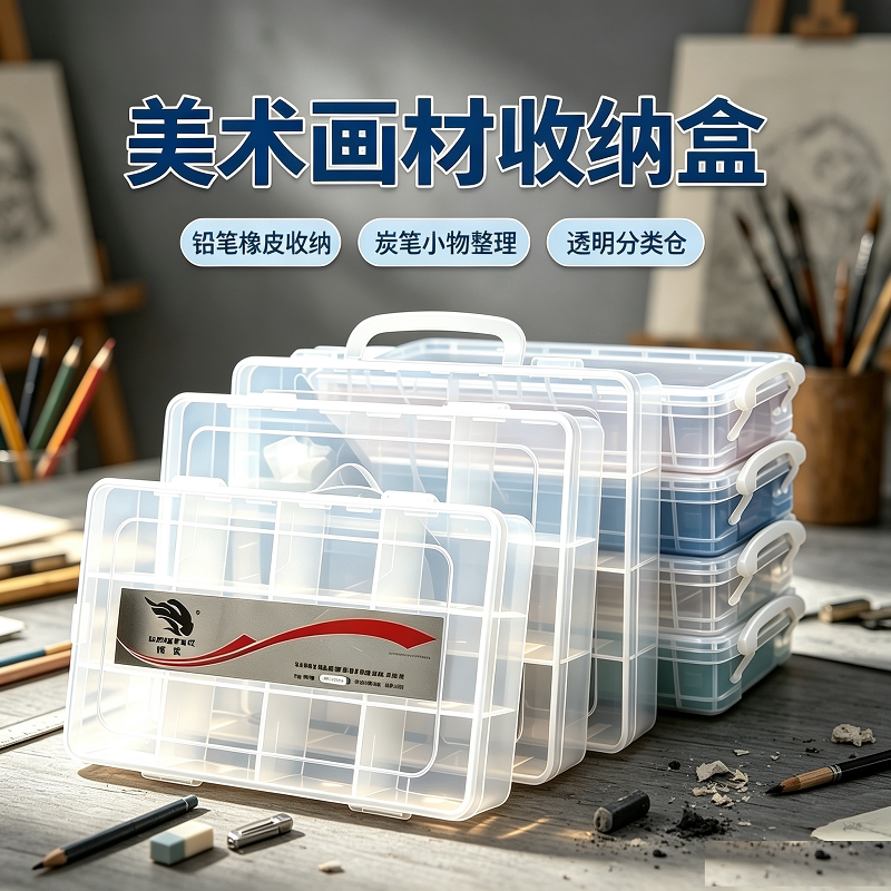 素描笔盒美术生专用大容量笔盒磨砂透明双层文具盒素描工具收纳盒