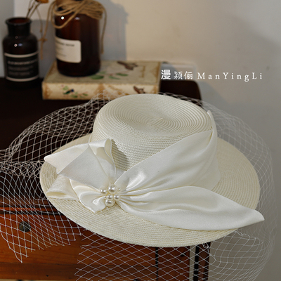 法式草帽遮阳网纱面纱蝴蝶结英伦名媛复古礼服赫本小礼帽头饰女秋