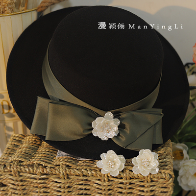 水晶花墨绿缎面蝴蝶结男女款帽子