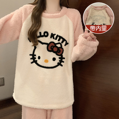 睡衣女秋冬季带内里可爱加厚珊瑚绒带胸垫长袖套装可外穿春家居服