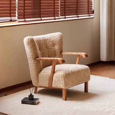 中古客厅阳台复古单人沙发椅羊羔绒高端实木客厅卧室小户型单椅