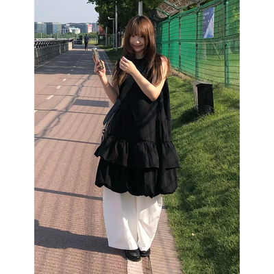日系复古风黑色拼接无袖连衣裙