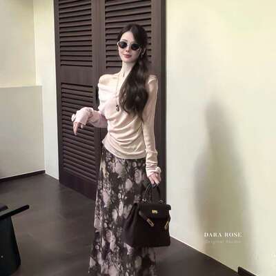DARA ROSE-印花油画碎花鱼尾法式气质度假包臀显瘦A字长裙QZ9864