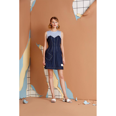 NI ATELIER设计师品牌 格纹拼接牛仔压线迷你修身连衣裙