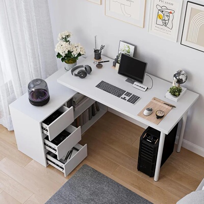 Shape Computer Desk with 3 Drawers and 2 Shelves,Home Office
