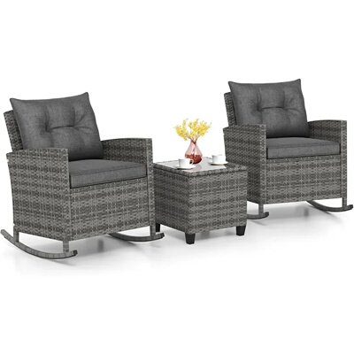3 Piece Patio Furniture Rocking Bistro Set, Wicker Outdoor