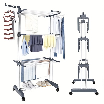 Clothes Drying Rack,4-Tier Foldable Stainless Steel Drying