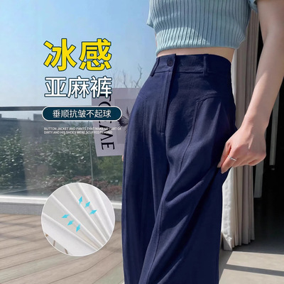 Women Summer Navy Blue Linen Wide Leg Pants Old Money Style