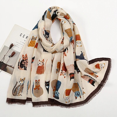 Fashion Printed Cat Fringed Shawls Women CottonViscoseTravel