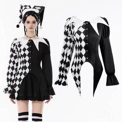 DARK IN LOVE哥特女装洛丽塔哈莱金风格钻石图案衬衫 IW132