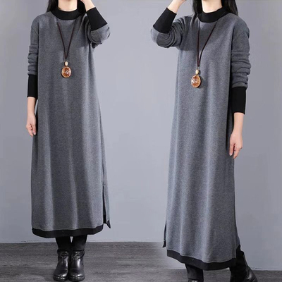 大码加绒拼色半高领长袖连衣裙女