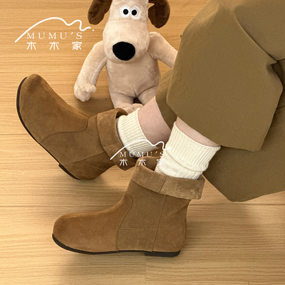 通宝TOMBOR秋冬新款圆头加绒短靴女士鞋子复古翻皮毛百搭雪地靴