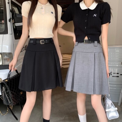 大码灰色百褶半身裙女高腰中长裙