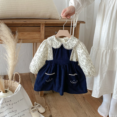 女童连衣裙秋季2026新款女宝宝碎花娃娃领衬衫儿童背心裙两件套