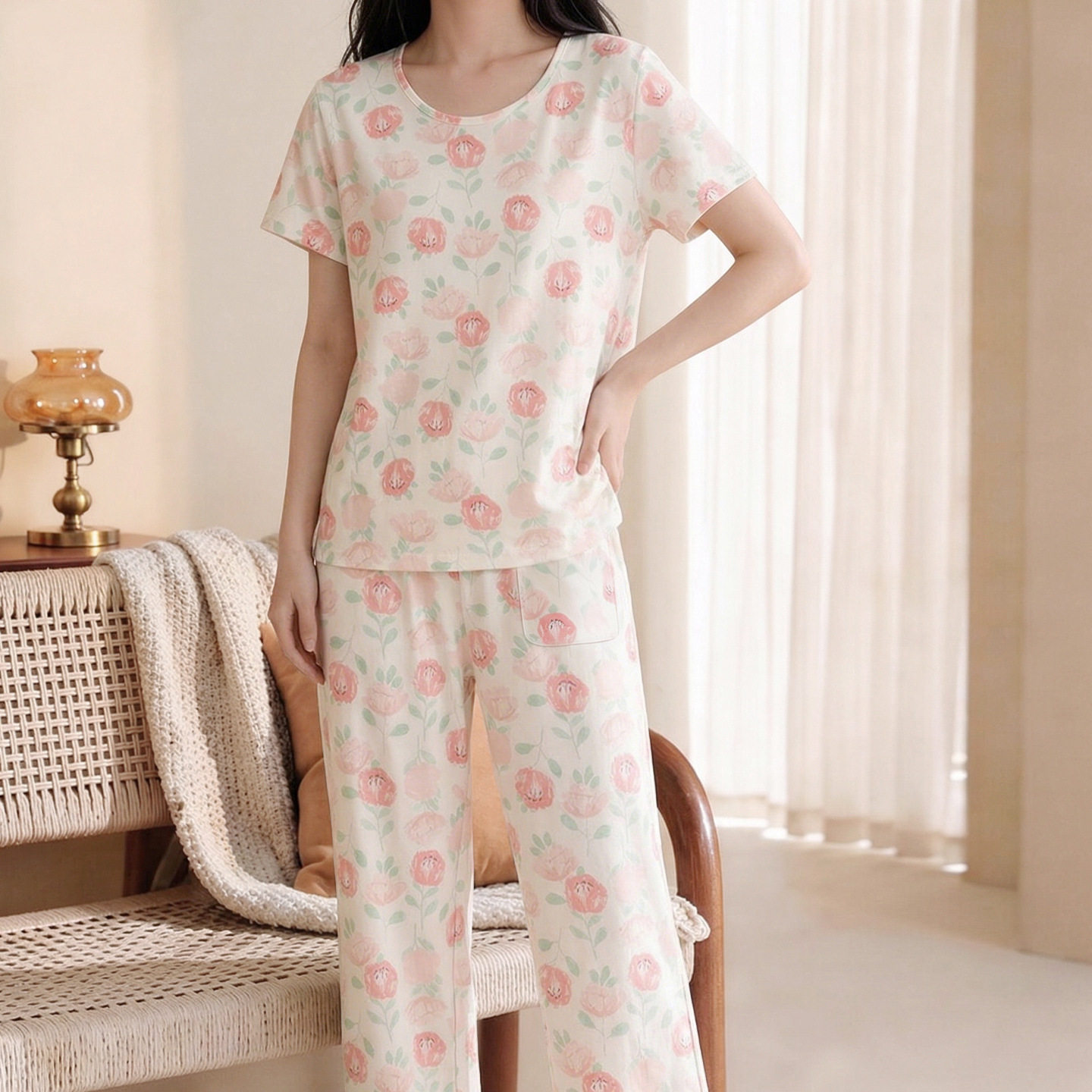 女士夏天睡衣套装棉绸短袖长裤绵绸居家服人造棉空调服夏季薄款