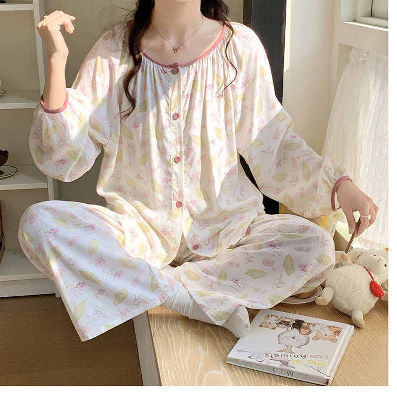 女士夏天睡衣套装成人绵绸长袖长裤棉绸开衫空调服人造棉夏季薄款