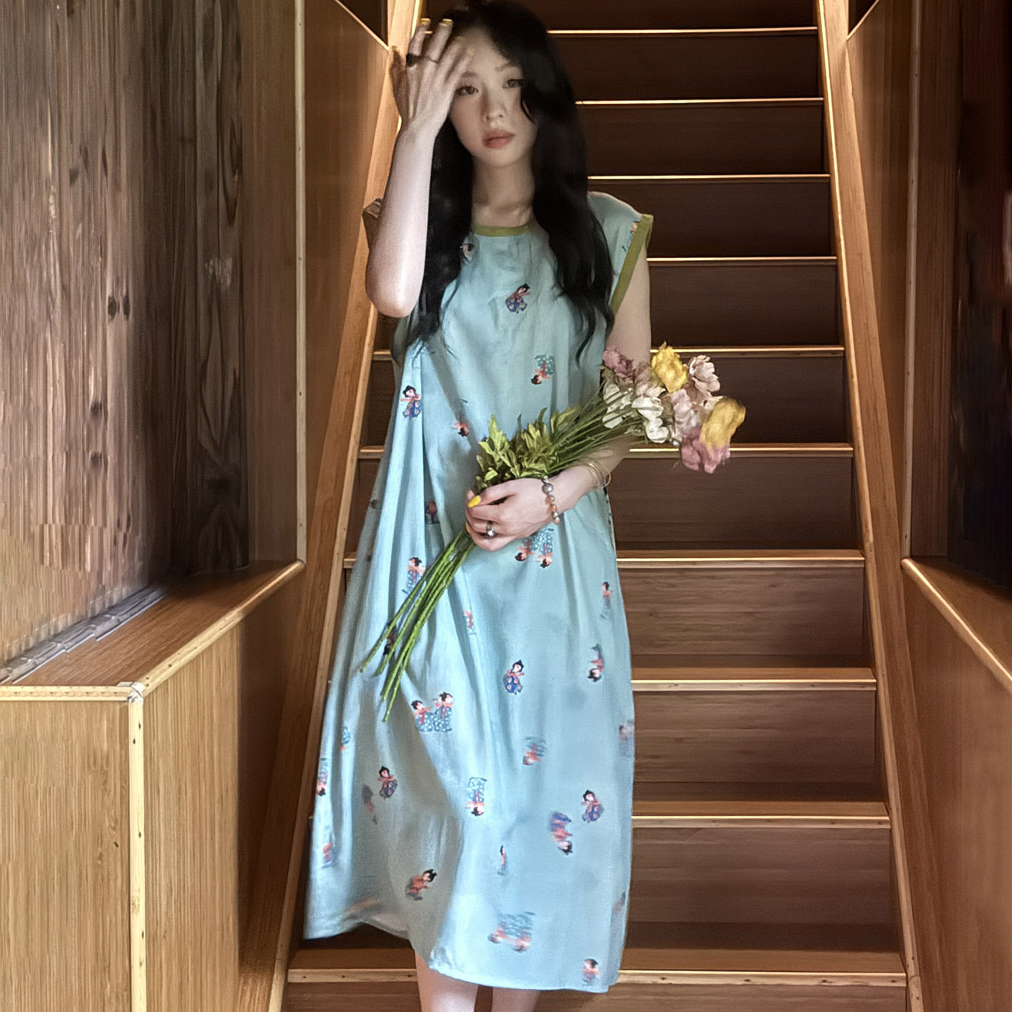 女士夏天睡裙成人棉绸无袖连衣裙绵绸法式复古家居服可外穿夏季薄