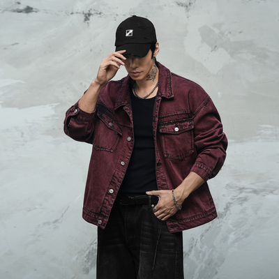 鹿家门春秋新款红色水洗牛仔外套宽松落肩经典复古日常大码外穿