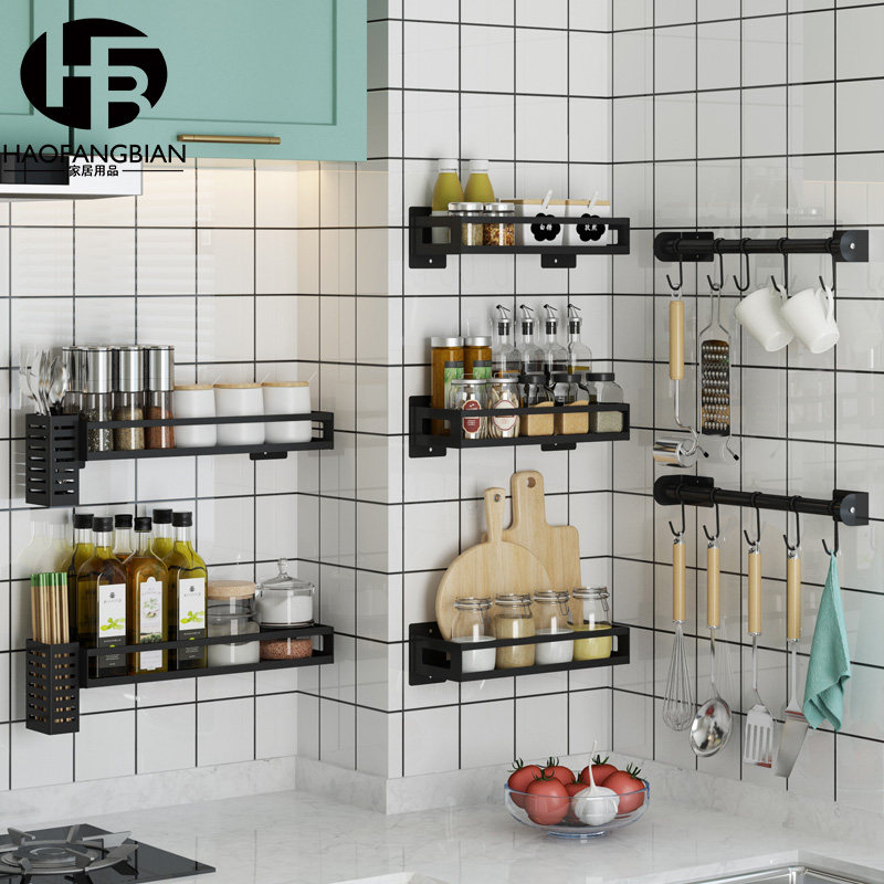 免打孔不锈钢黑色厨房置物架壁挂式墙上调味料架酱油瓶收纳壁挂架_虎窝淘