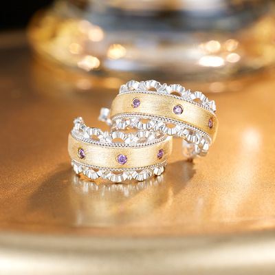 瑞士 Francesca中古风S925纯银耳环轻奢手工拉丝半圈镶钻耳饰原创