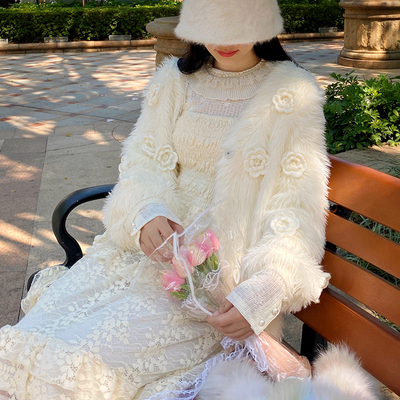 V领花朵水貂绒针织开衫毛衣外套