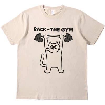 健身的猫猫 直喷印花T恤复古vintagetee男女宽松休闲短袖tshirt