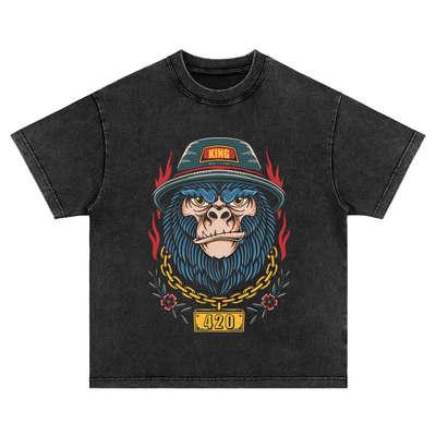 说唱猴子rapper街头美式水洗做旧重磅纯棉宽松圆领长短袖T恤卫衣