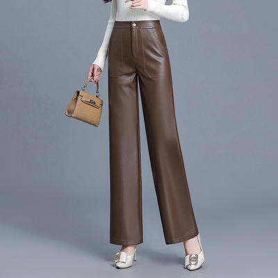 加绒皮裤女秋冬阔腿裤直筒裤