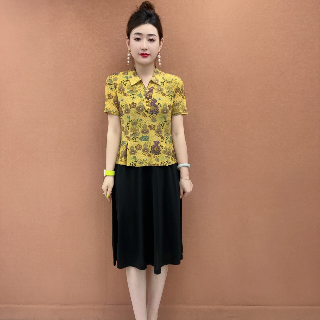 中老年女装假两件翻领连衣裙妈妈装短袖印花显瘦端庄裙子