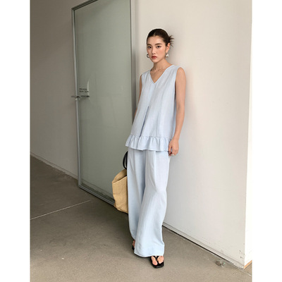 宽松压褶阔腿休闲裤两件套女夏