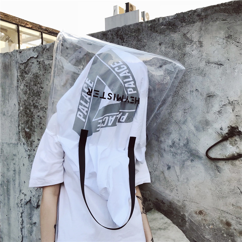 韩国ins风透明包pvc购物袋人气欧美男单肩包女大容量时尚韩版百搭_虎窝淘