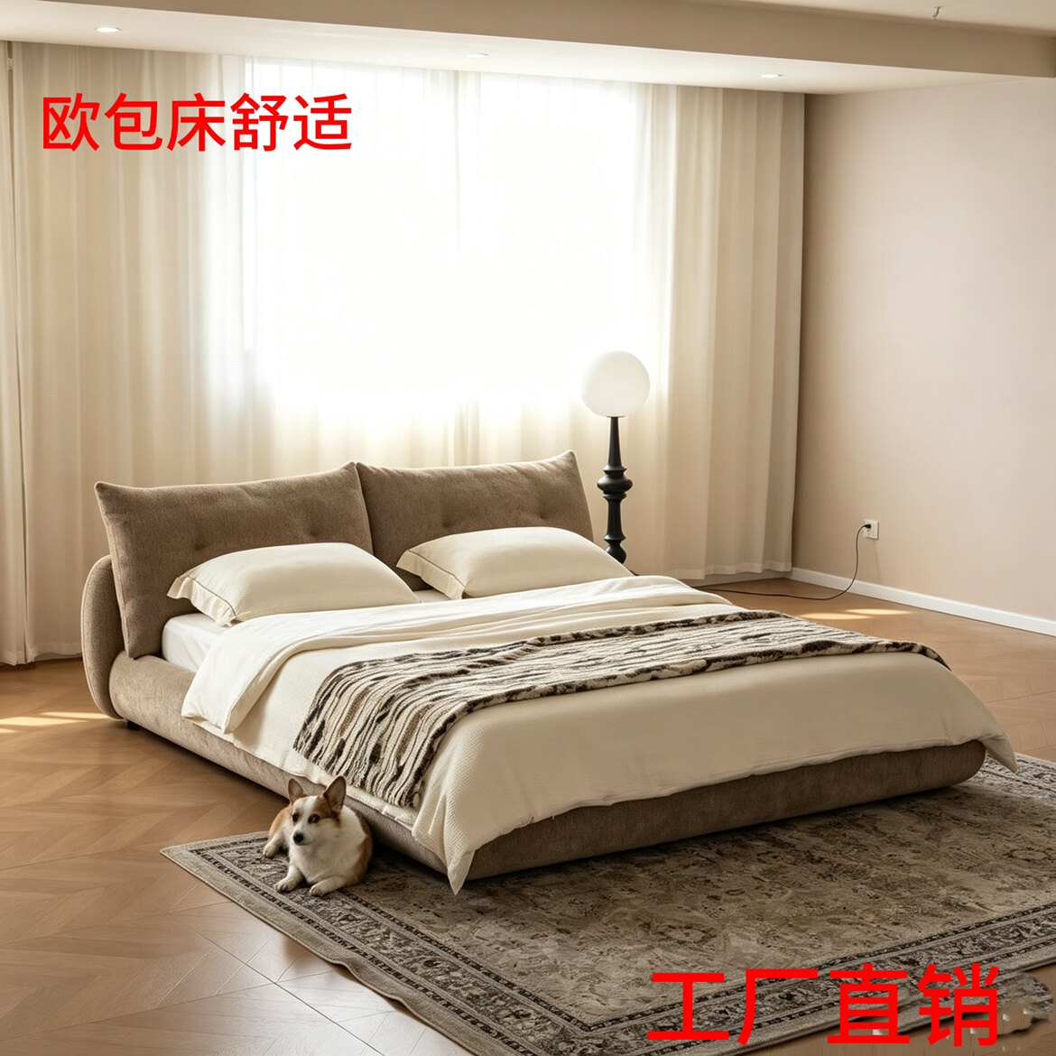 诺境家具欧包床雪尼尔布艺软包双人主卧1.8 米大床设计师
