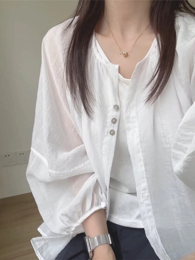 白色亚麻防晒衬衫外套女夏季薄款冰丝棉麻衬衣外搭慵懒风短款上衣
