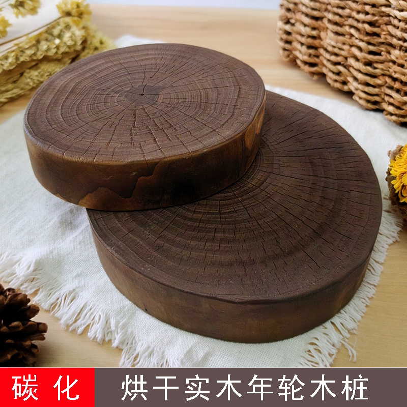 年轮木片碳化模型桌面摆件底座复古原木展示摆件木桩摄影道具木块
